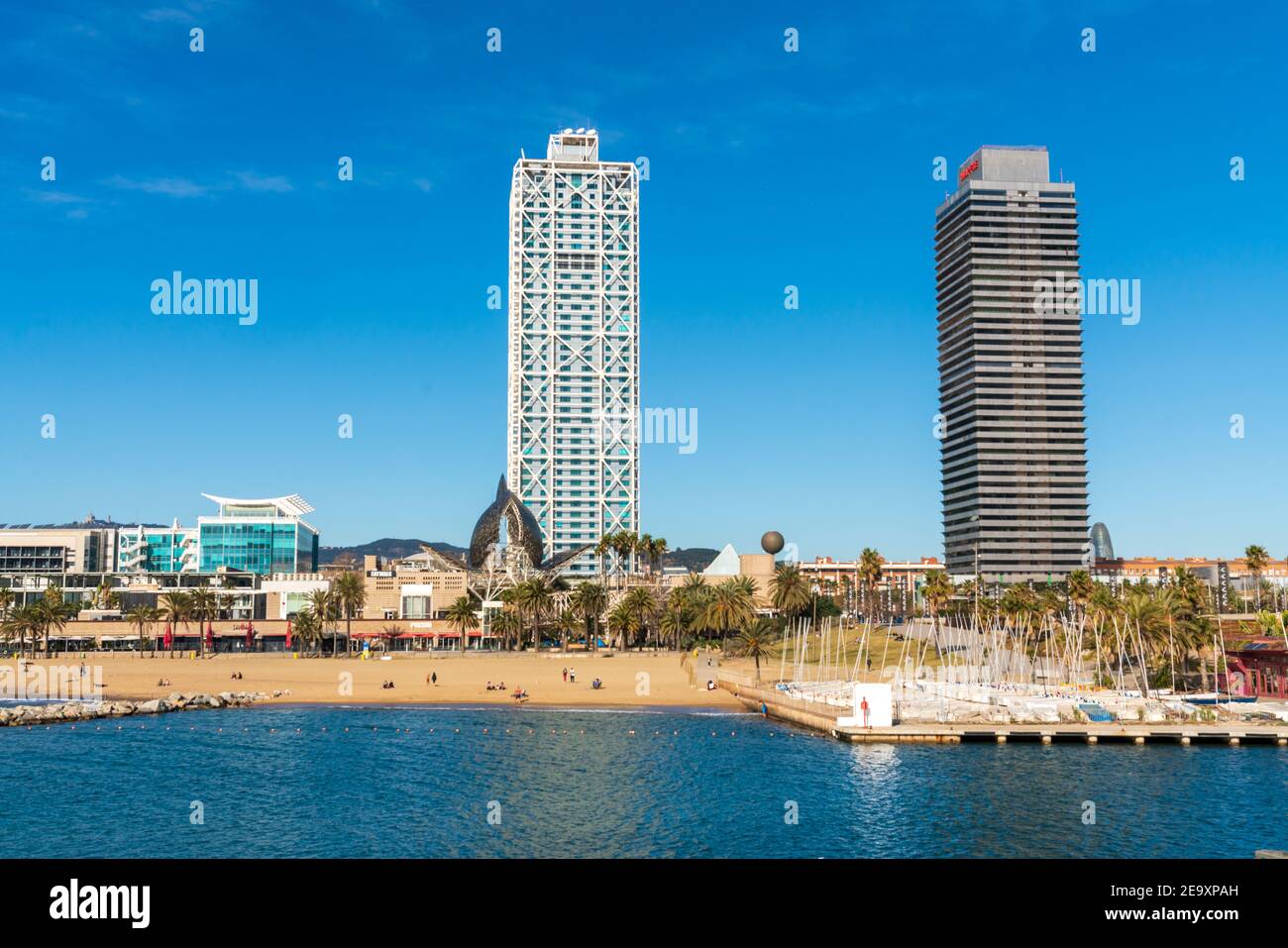 BARCELONA, SPAIN, FEBRUARY 3, 2021: Famous towers of the port of ...