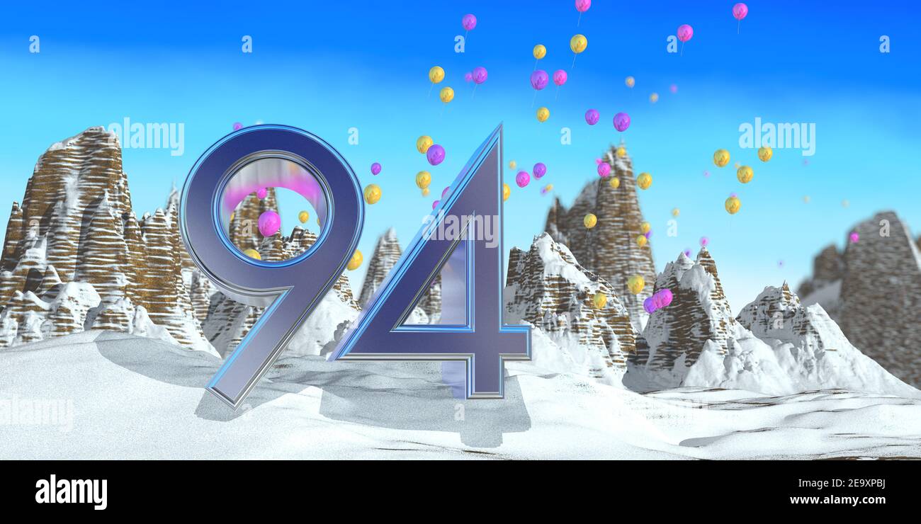 Number 94 in thick blue font on a snowy mountain with rock mountains ...