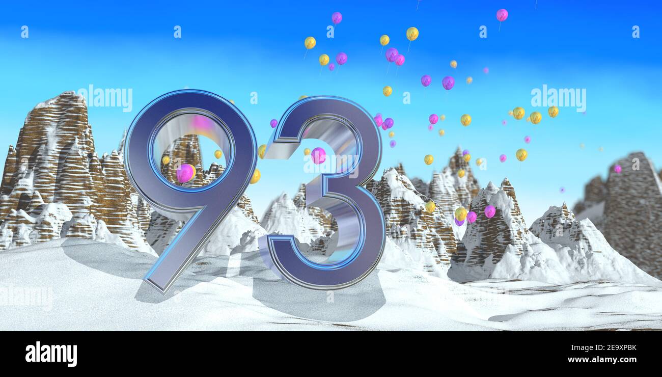 Number 93 in thick blue font on a snowy mountain with rock mountains ...