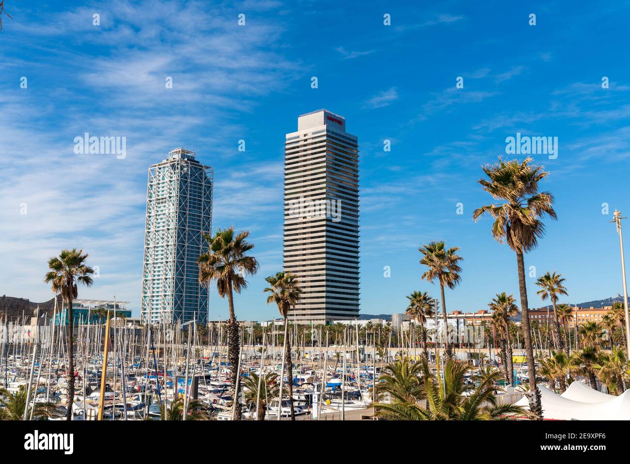 BARCELONA, SPAIN, FEBRUARY 3, 2021: Famous towers of the port of ...