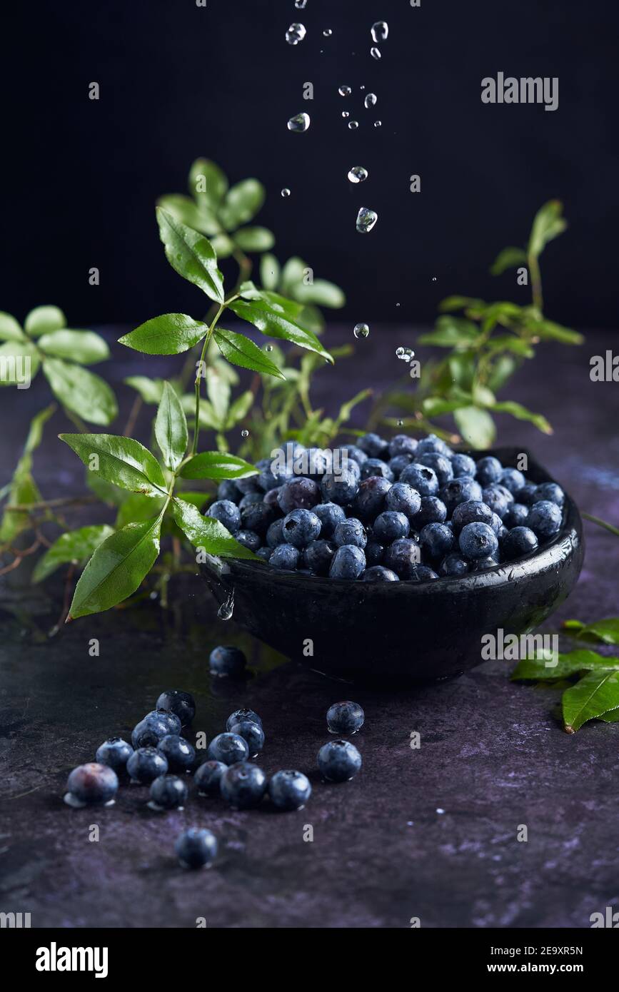 From above of bowl with pile of ripe healthy washed blueberries placed ...
