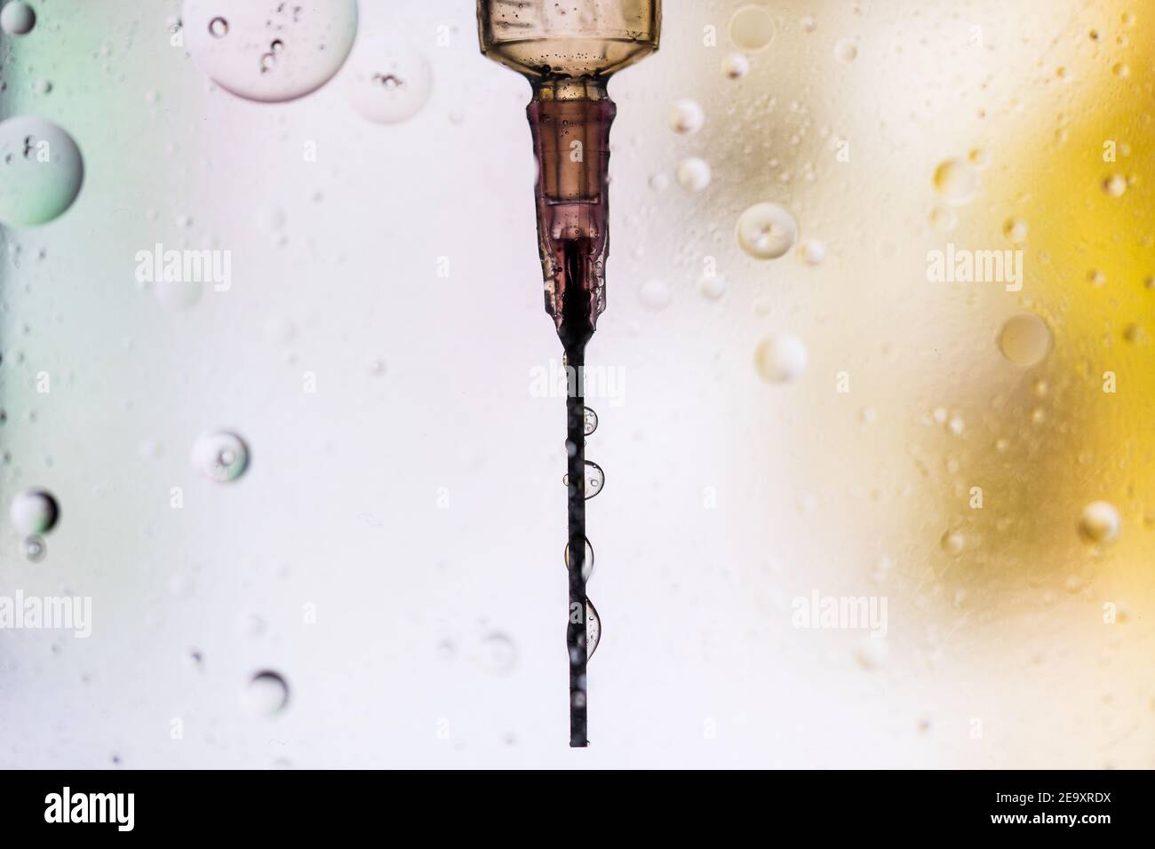 Closeup of needle of syringe filled with vaccine from virus injected in ...