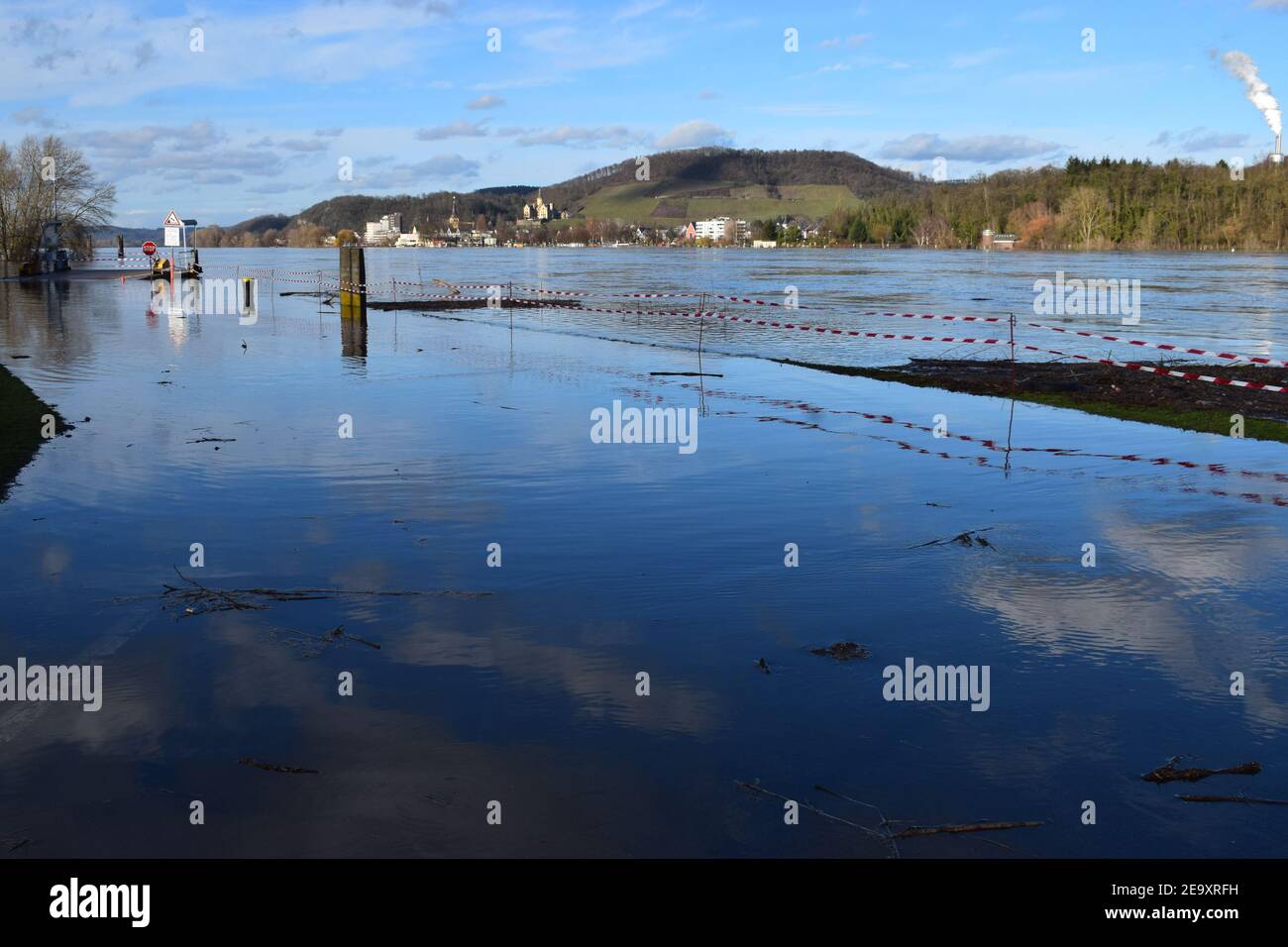 Rhine flood at the ferry service pint Bad Breisig at the Rhine Stock ...