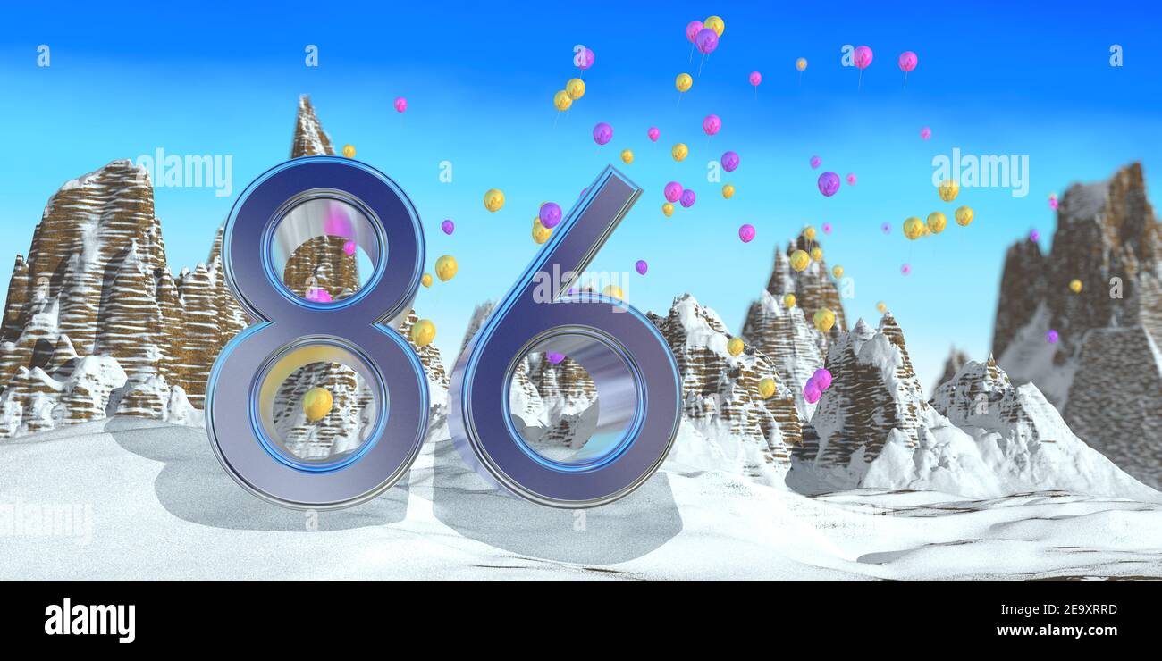 Number 86 in thick blue font on a snowy mountain with rock mountains ...