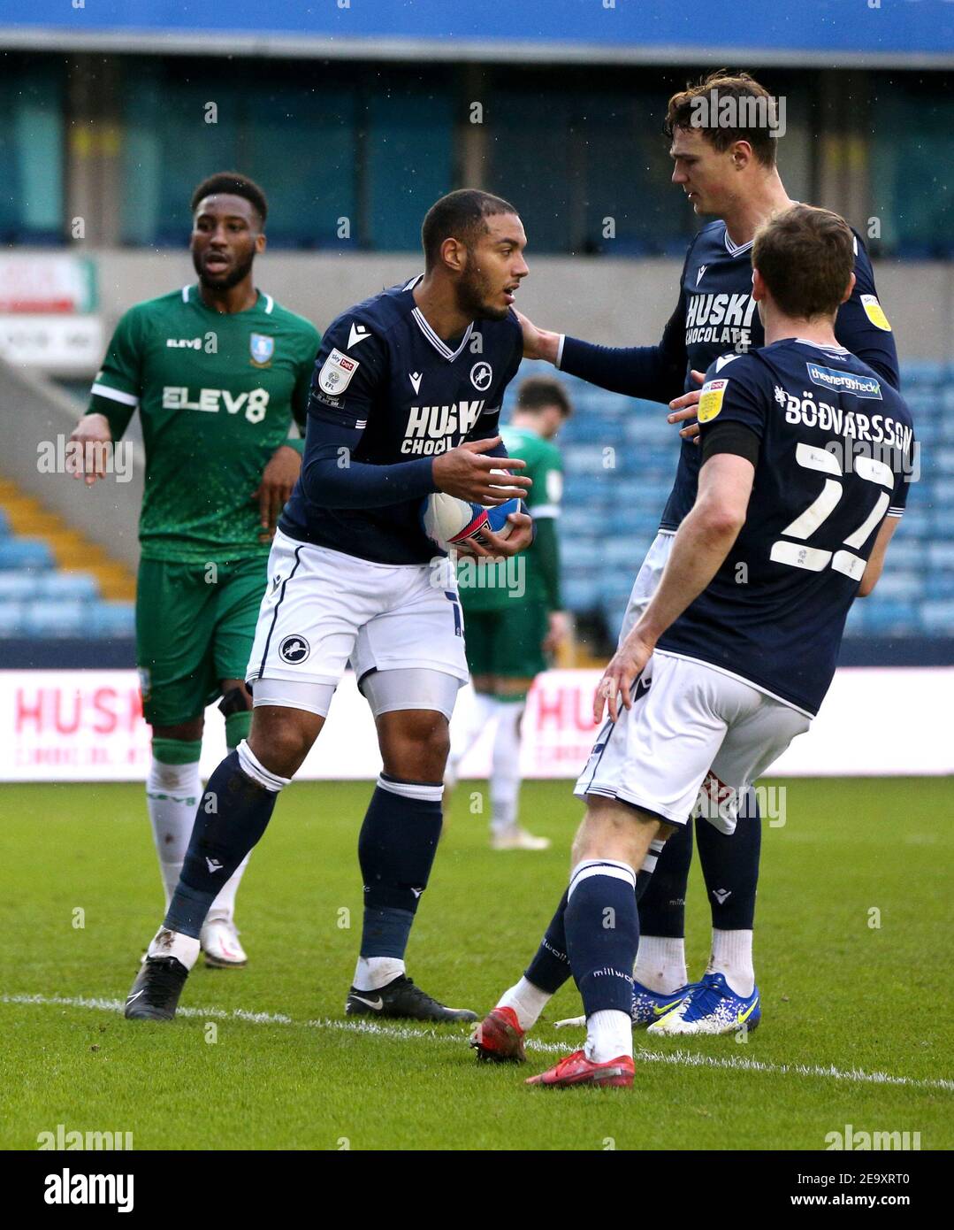 Millwall's Kenneth Zohore (centre) celebrates with his team-mates after ...