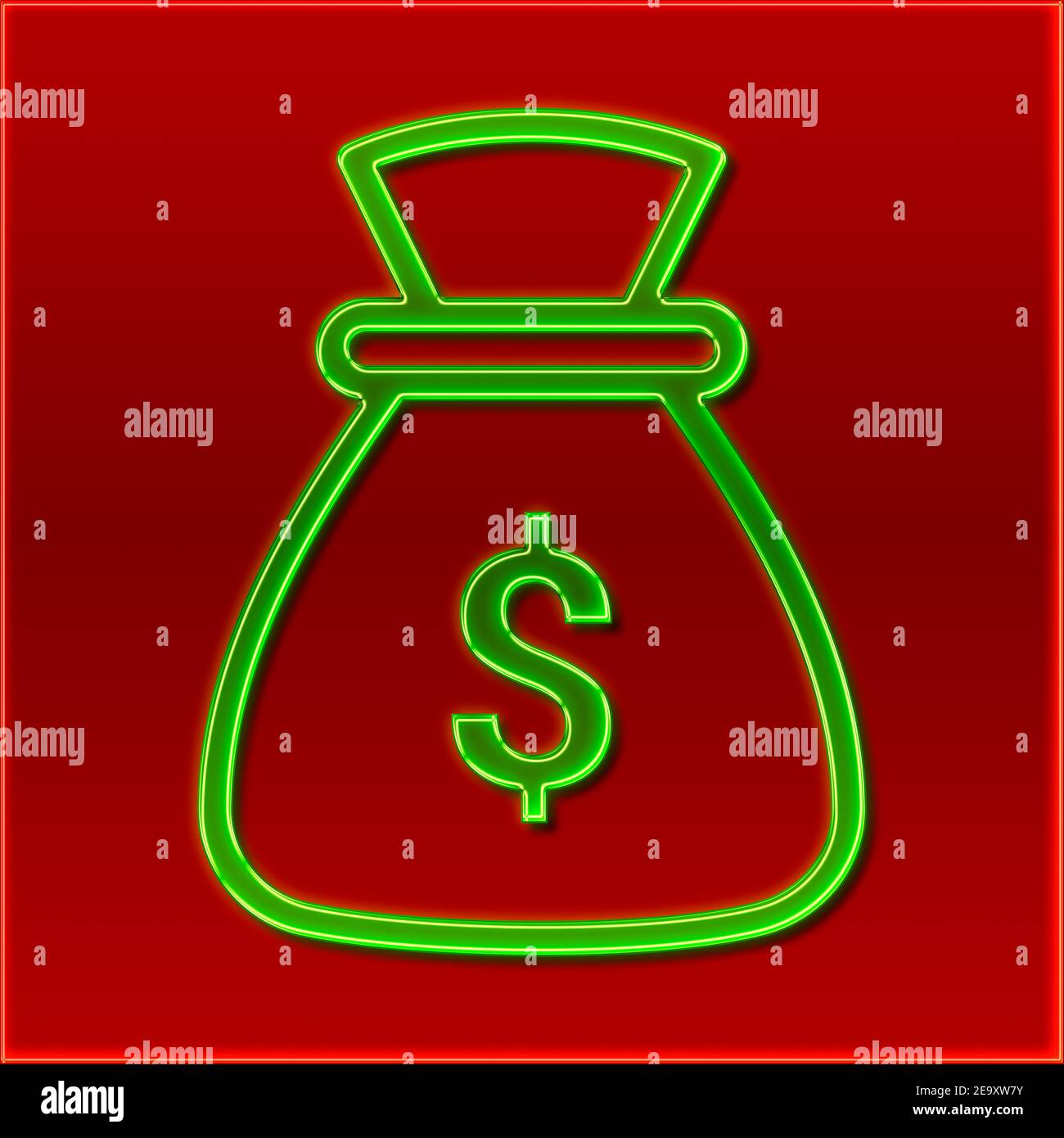 Detailed view of a money bag with dollar sign in the design of a neon ...