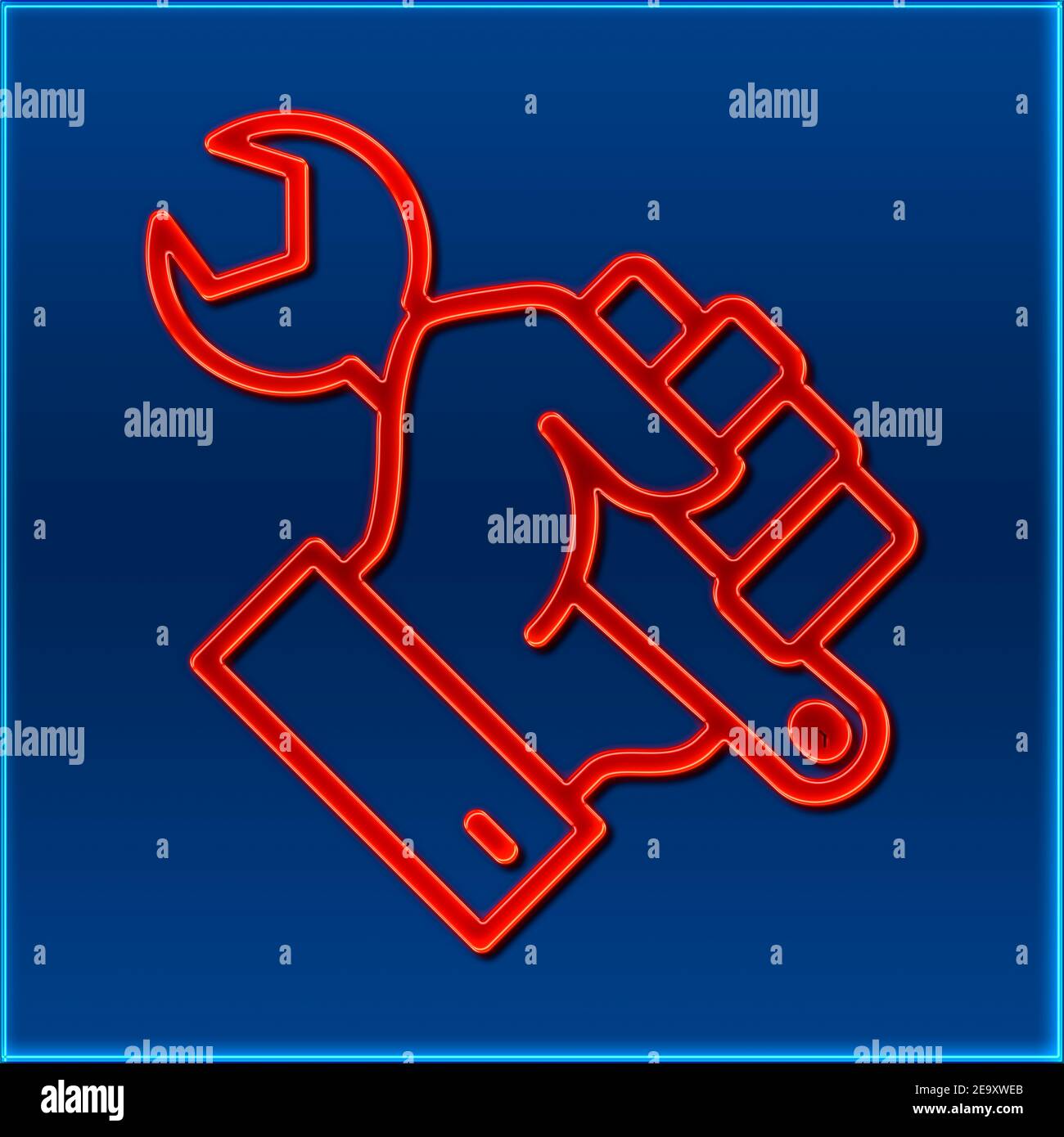 A spanner is held in the hand, design of a neon sign Stock Photo - Alamy