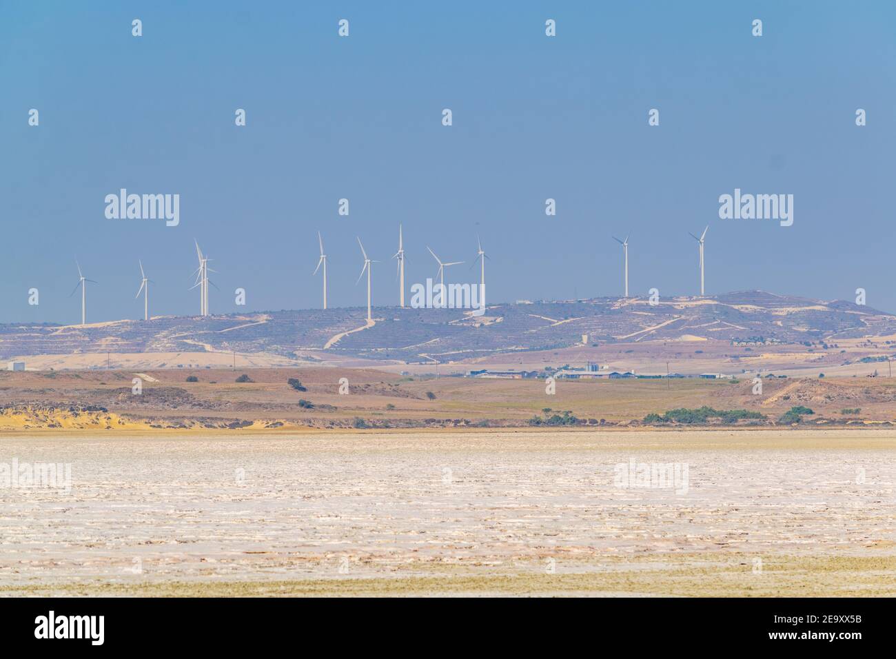 Wind energy farm erected over Larnaca Salt lake, Cyprus Stock Photo - Alamy
