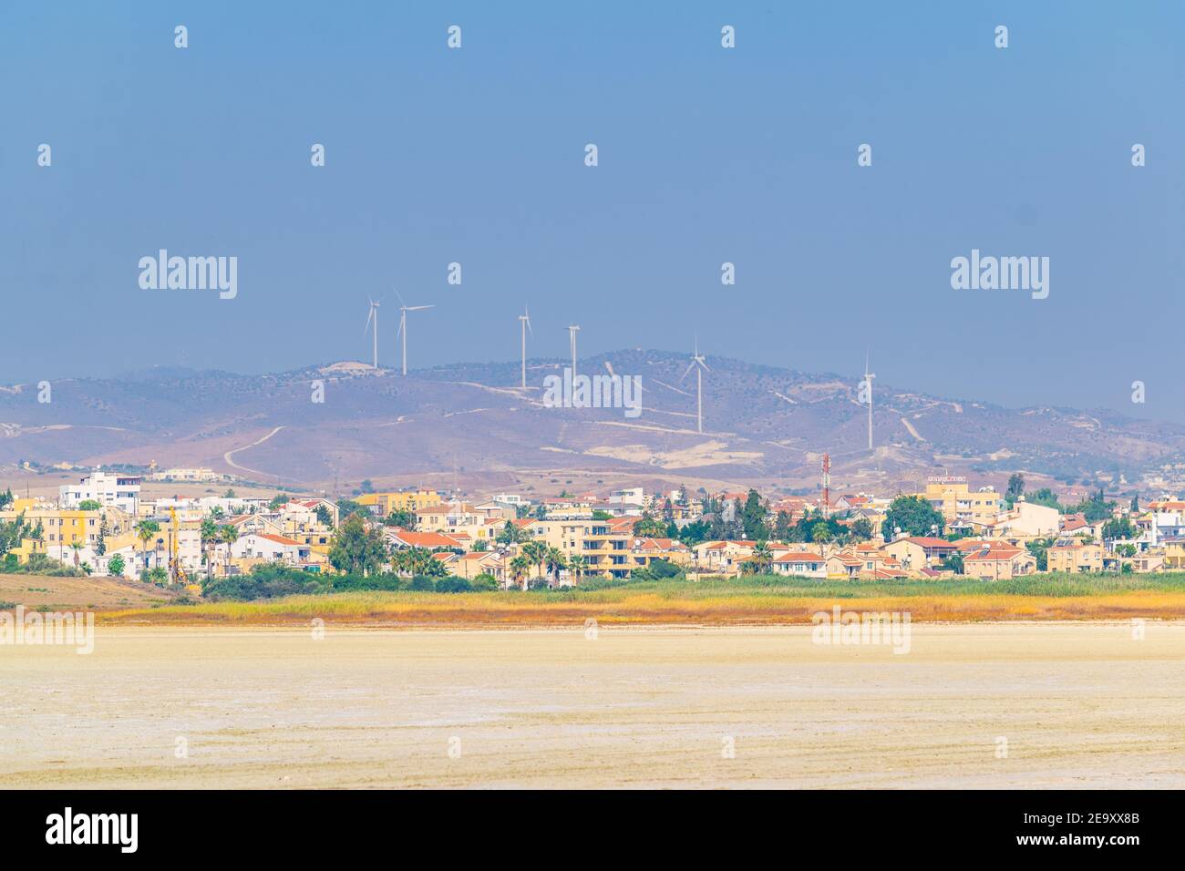 Wind energy farm erected over Larnaca Salt lake, Cyprus Stock Photo - Alamy