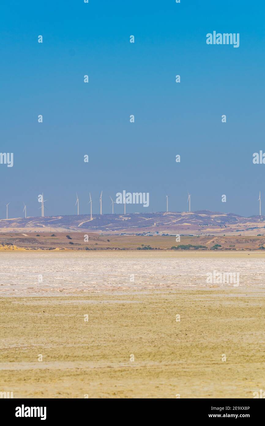 Wind energy farm erected over Larnaca Salt lake, Cyprus Stock Photo - Alamy