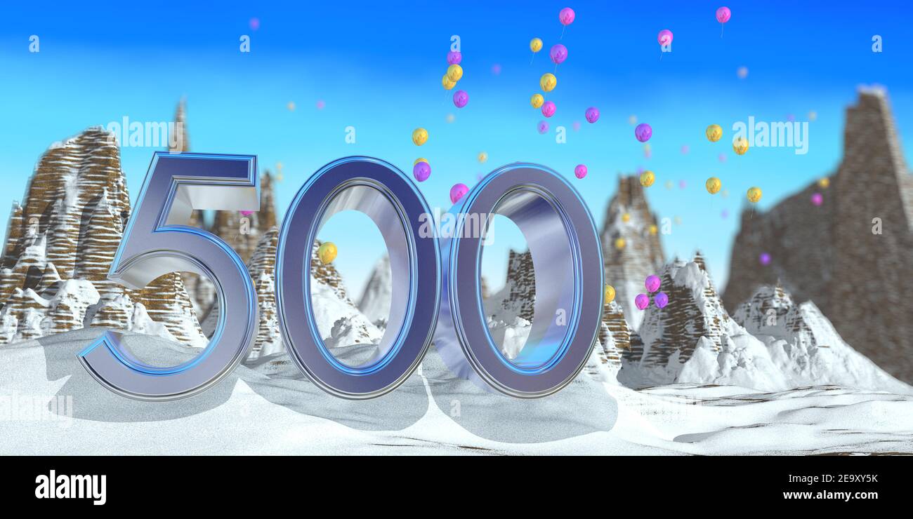 Number 500 in thick blue font on a snowy mountain with rock mountains ...