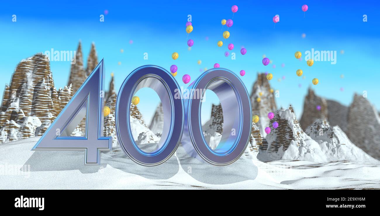 Number 400 in thick blue font on a snowy mountain with rock mountains ...