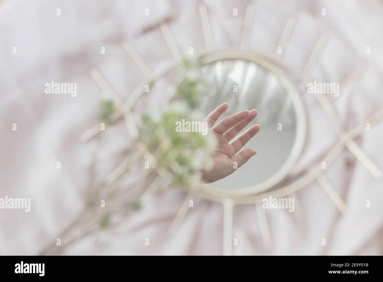 Hand reflected in mirror on background of soft fabric with manuka ...