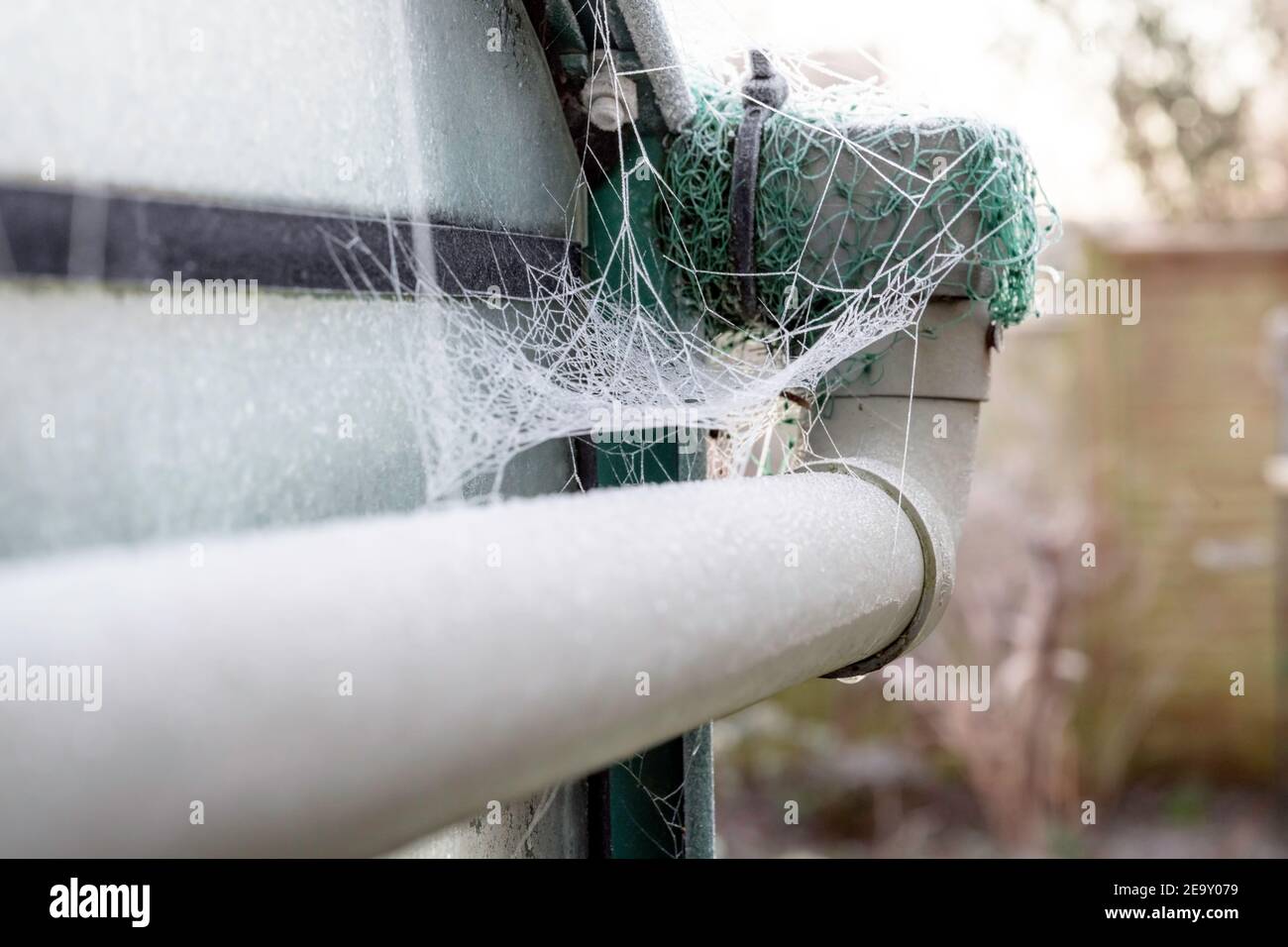 Frozen spider web on the house of pipes Stock Photo - Alamy