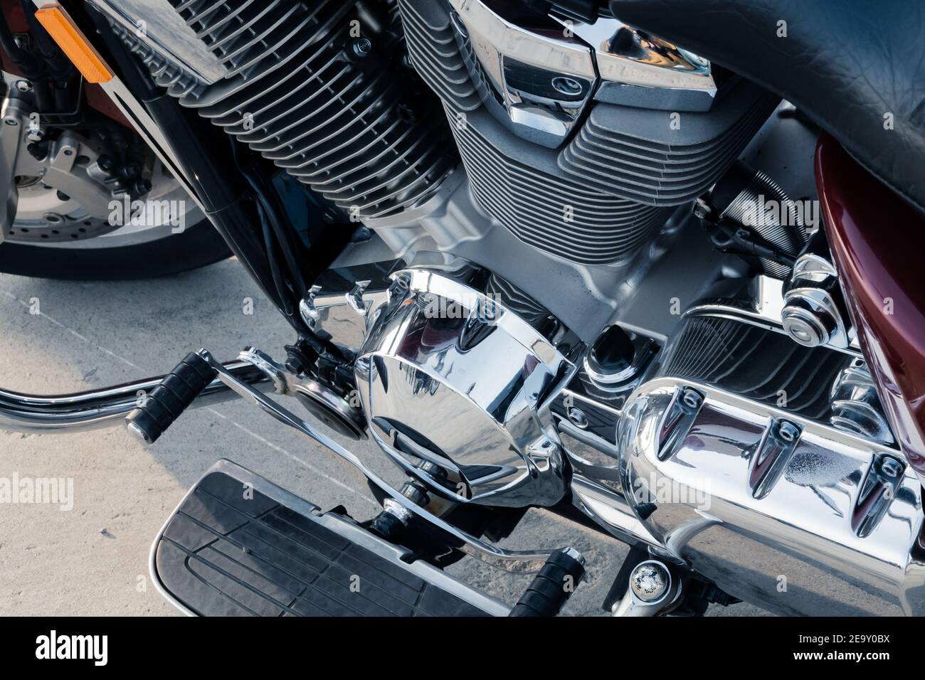 Modern powerful road bike with shiny chrome reflective engine surface ...