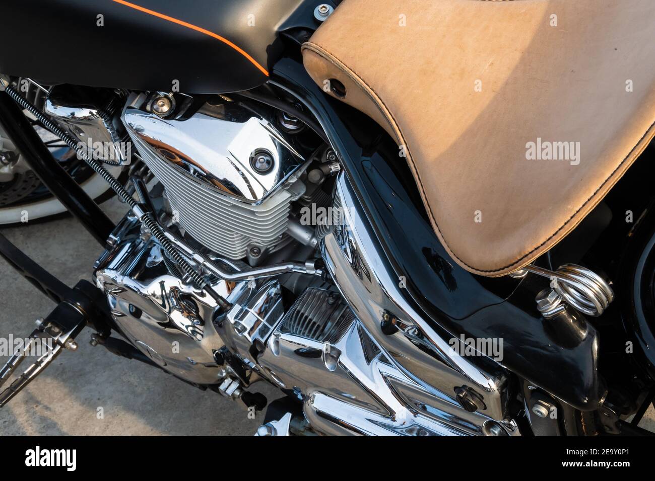 Modern powerful road bike with shiny chrome reflective engine surface ...