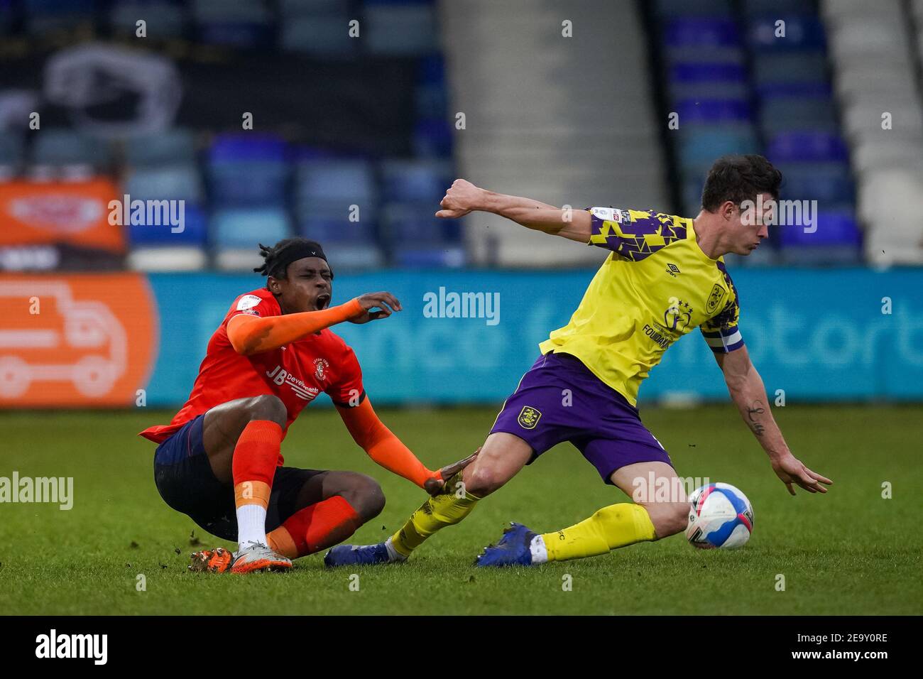 Luton, UK. 06th Feb, 2021. Pelly Ruddock #17 of Luton Town is fouled by ...