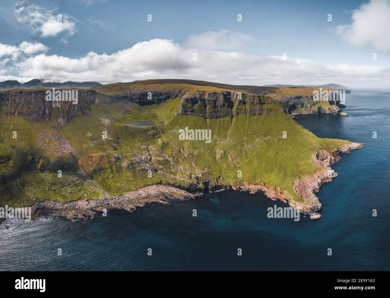 Aerial view of Suduroy cliffs, the southernmost of the Faroe Islands ...
