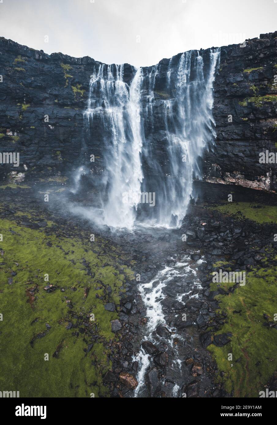 Aerial view of Fossa Waterfall, the highest waterfall in the Faroe ...