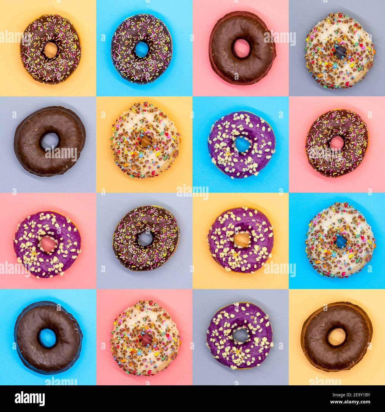 collage of various doughnuts on different colors Stock Photo - Alamy