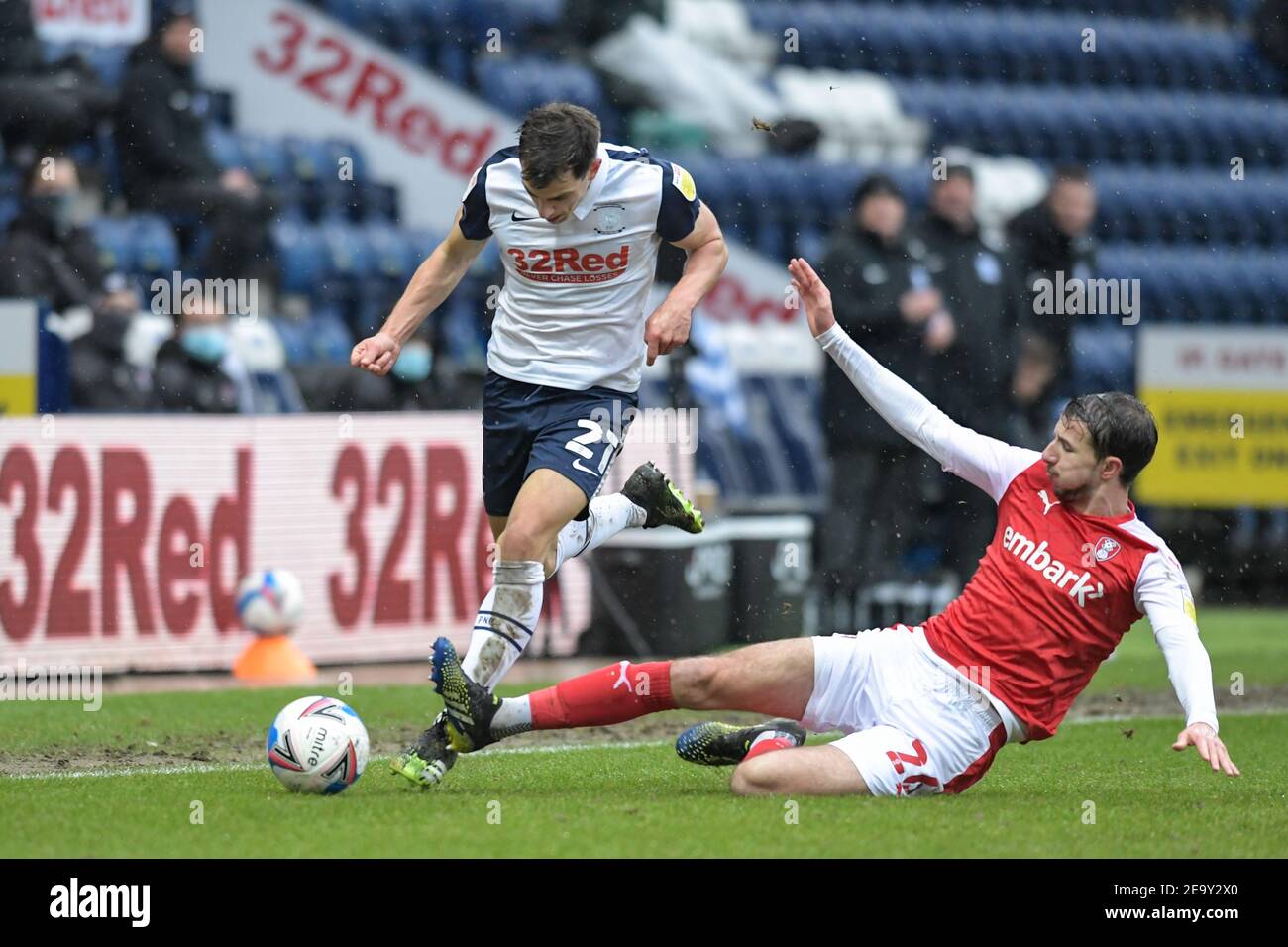 Preston, UK. 06th Feb, 2021. Dan Barlaser #26 of Rotherham United fouls ...