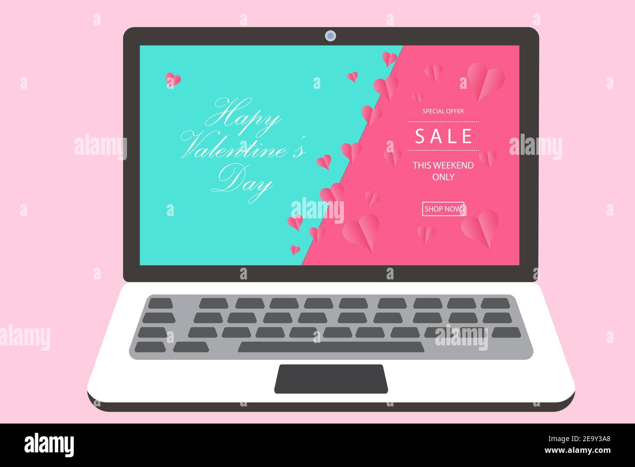 Laptop with Valentines Day holiday discount banner. Screen with hearts ...