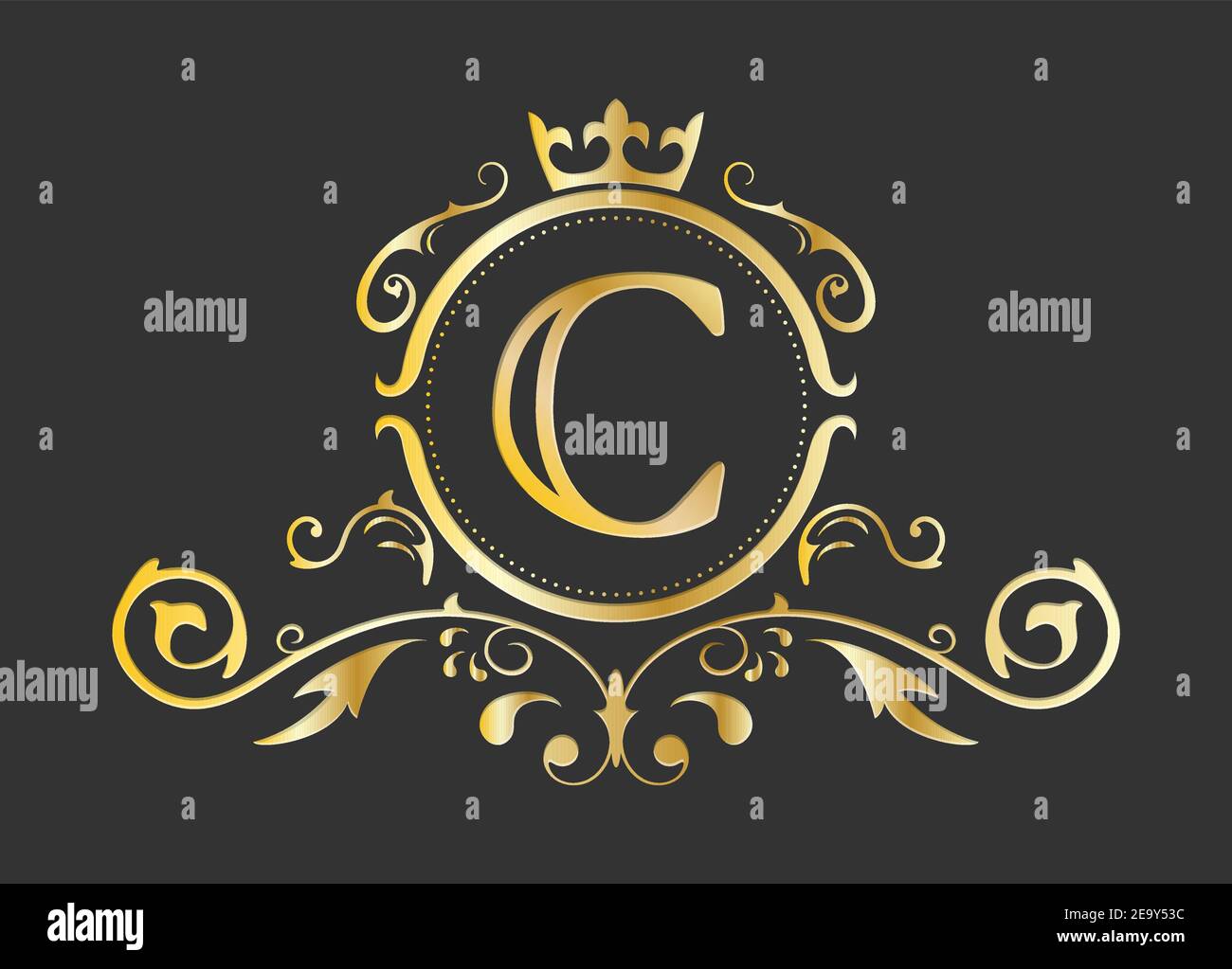 Golden stylized letter C of the Latin alphabet. Monogram template with ...