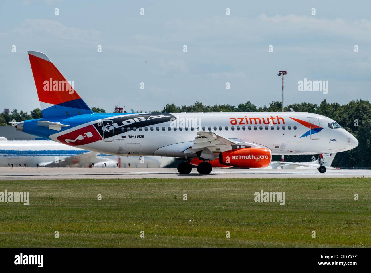 July 2, 2019, Moscow, Russia. Airplane Sukhoi Superjet 100 Azimuth ...