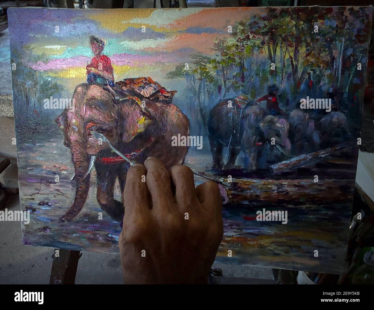 Art painting Oil color Elephant family thailand , elephant hauling logs ...