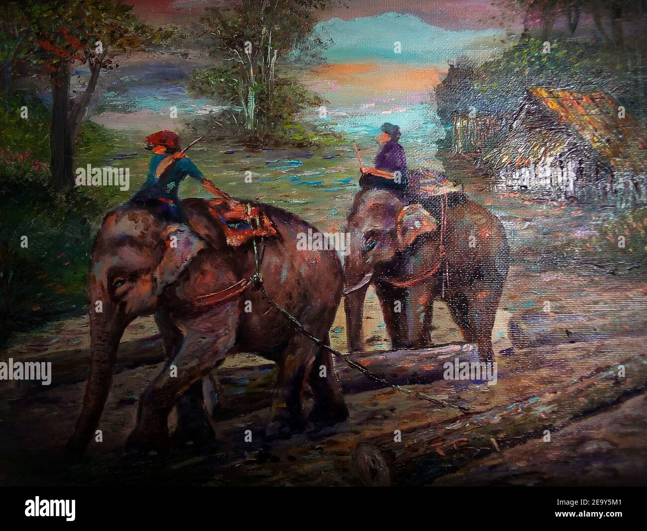 Art painting Oil color Elephant family thailand , elephant hauling logs ...