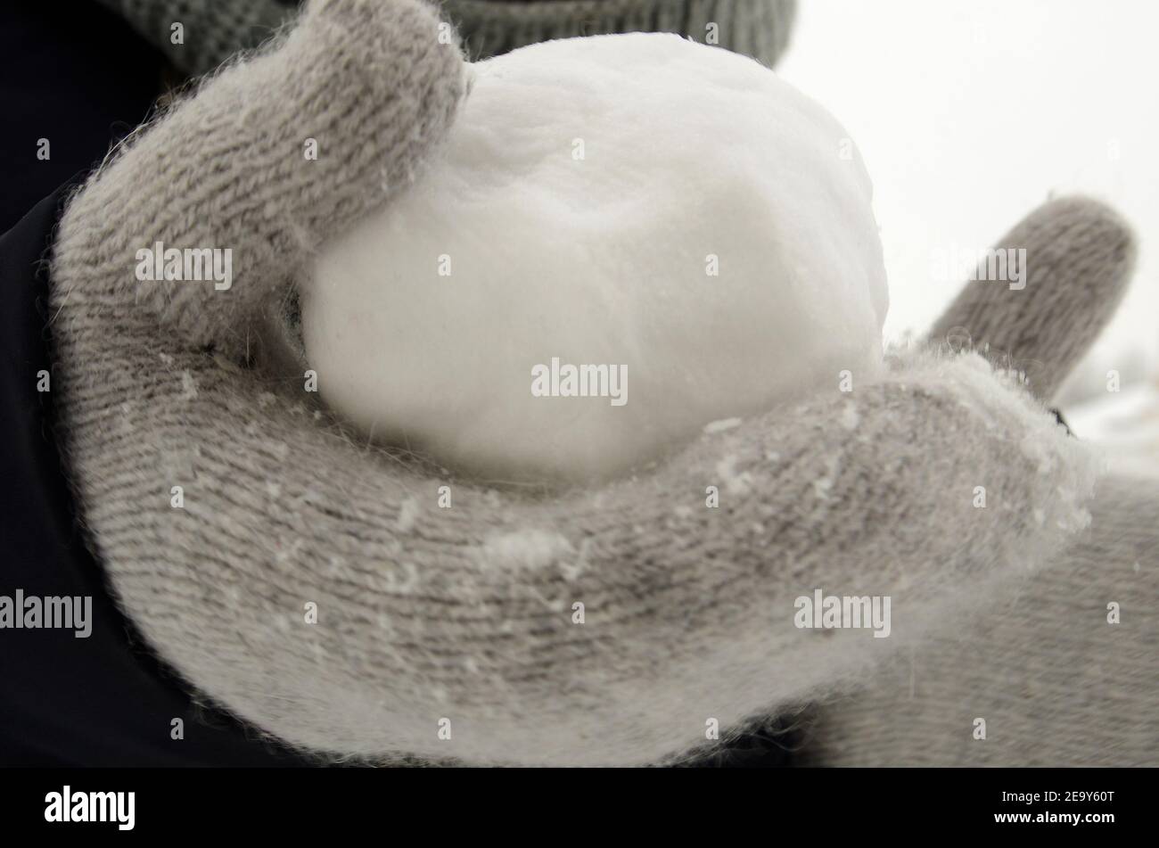 A snowball made from freshly plowed snow, in a hand in a gray woolen ...