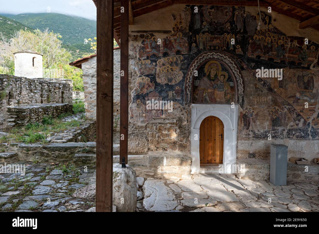 View of the historical Church of Virgin Mary near Mount Olympus in the ...