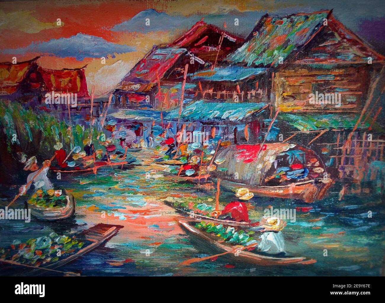Art painting Oil color Floating market Thailand , rural life , rural ...