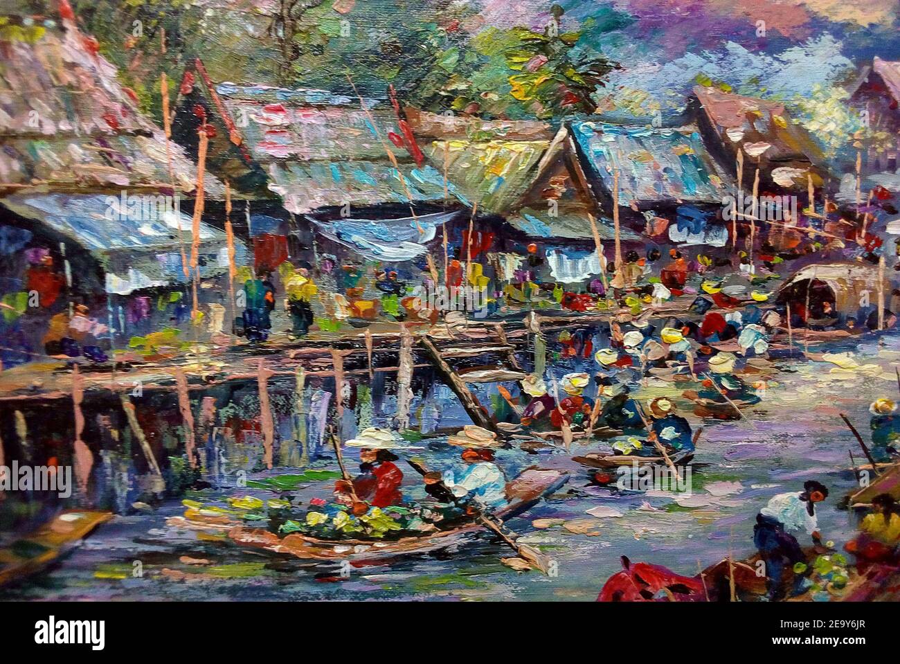 Art painting Oil color Floating market Thailand , rural life , rural ...