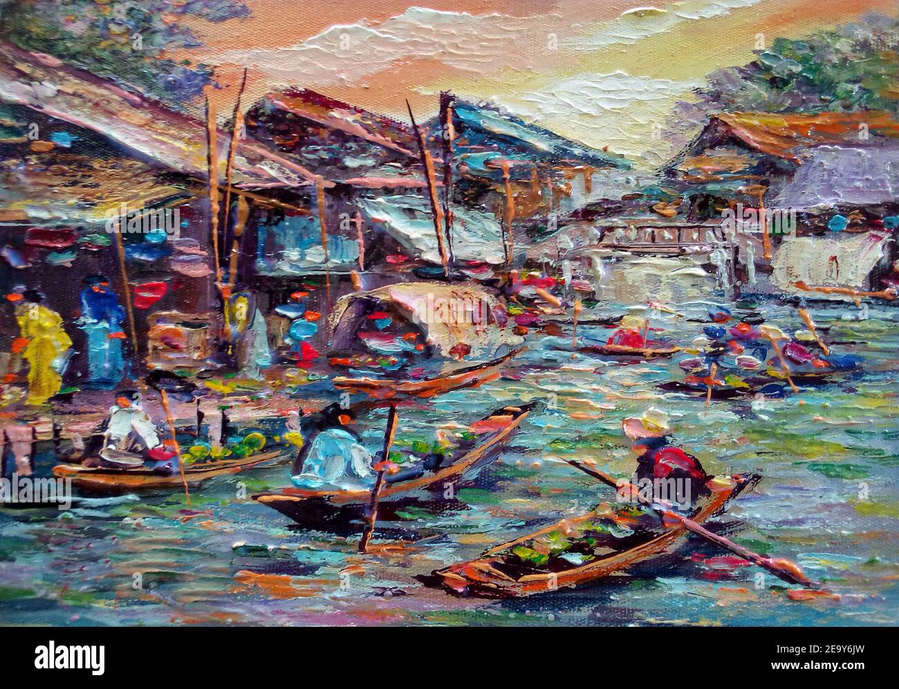 Art painting Oil color Floating market Thailand , rural life , rural ...