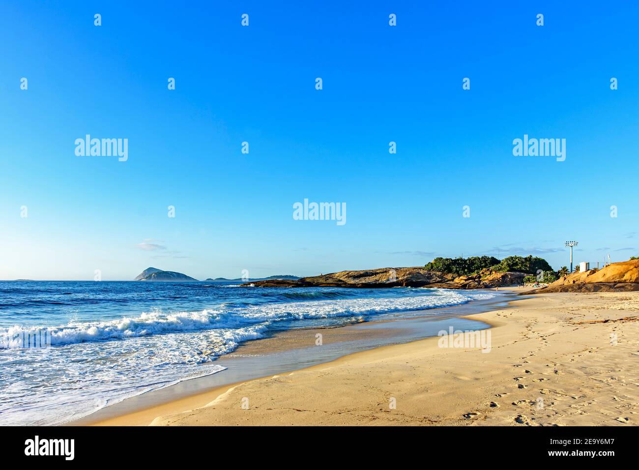 Devil's Beach in Ipanema Rio de Janeiro deserted at dawn with mountains ...