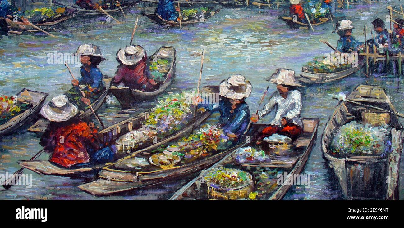 Art, painting ,Oil ,color ,Floating market , dumnoen saduak Stock Photo ...