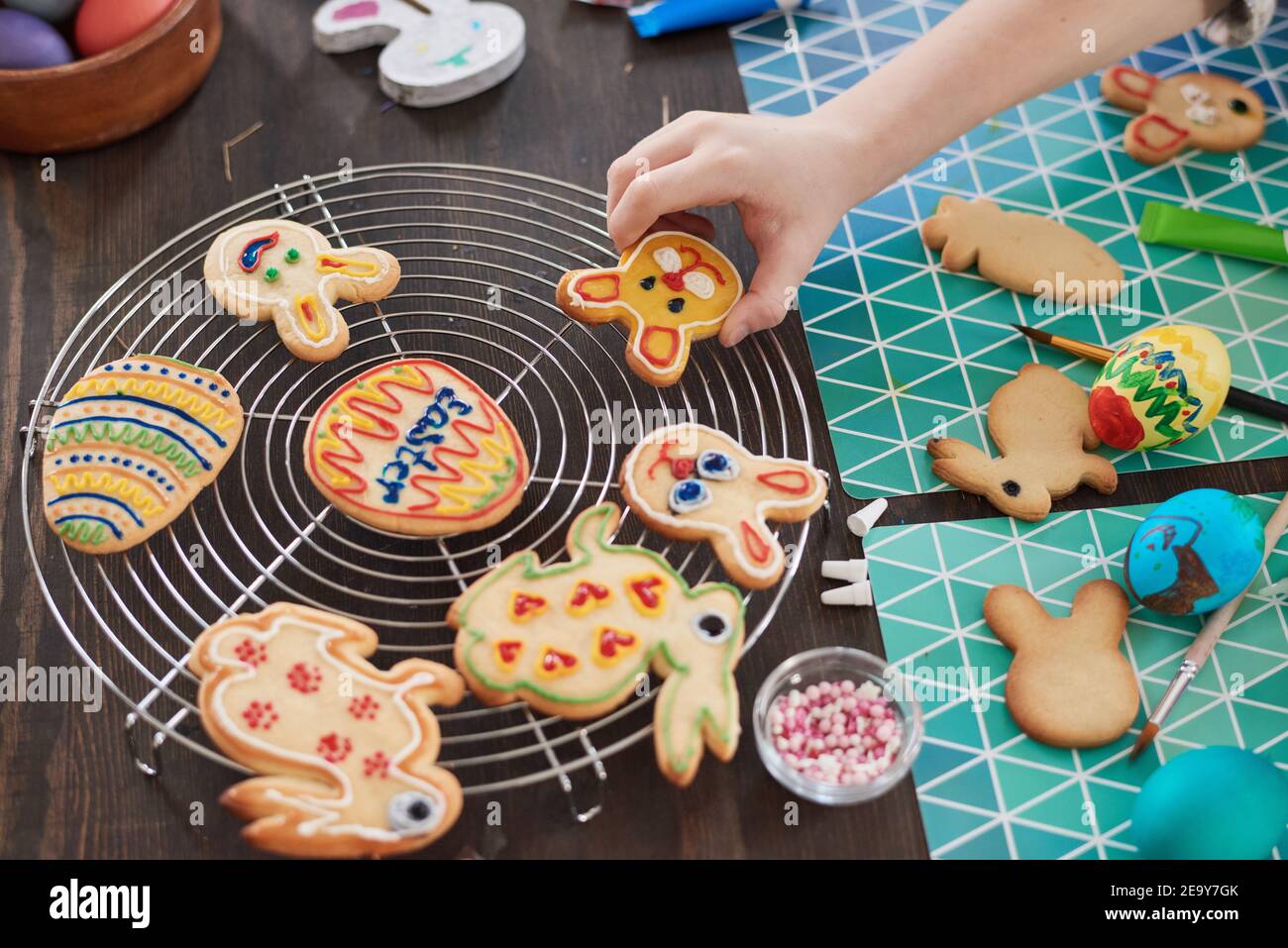 High angle view of gingerbread holidays cookies cooked by children ...