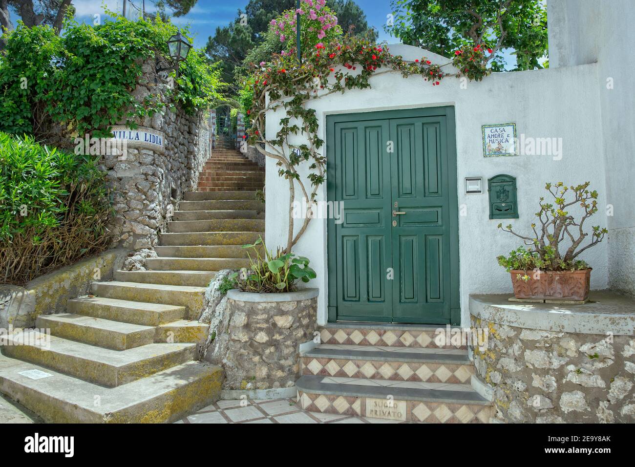 Beautiful footpath full of trees and flowers,Typical house entrance ...