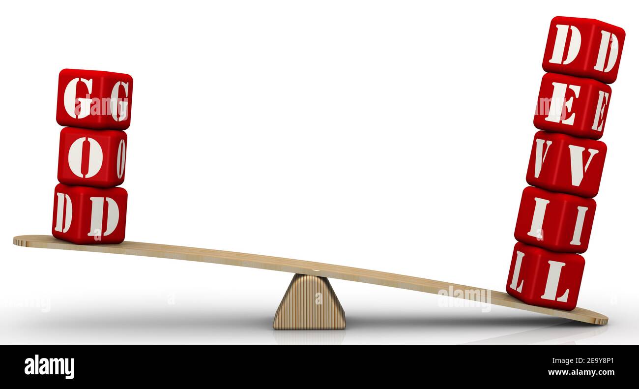 The words GOD and DEVIL (made from red cubes labeled with letters) are ...