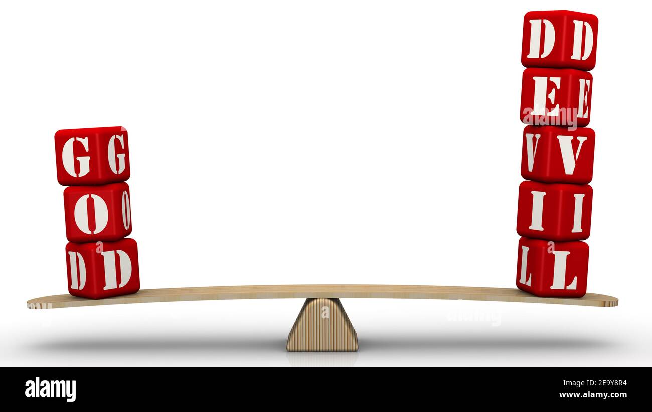 The words GOD and DEVIL (made from red cubes with letters) are weighed ...