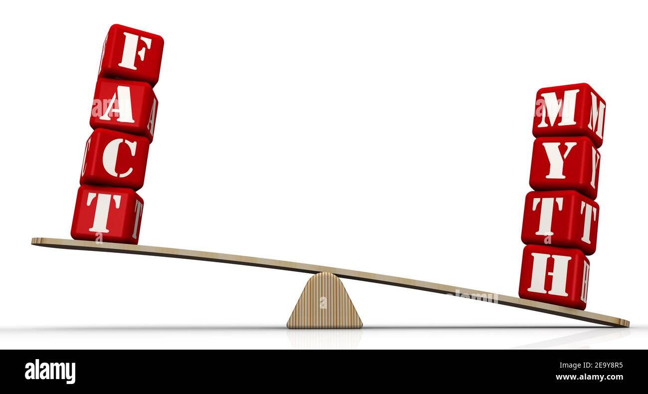 The words MYTH and FACT (made from red cubes labeled with letters) are ...