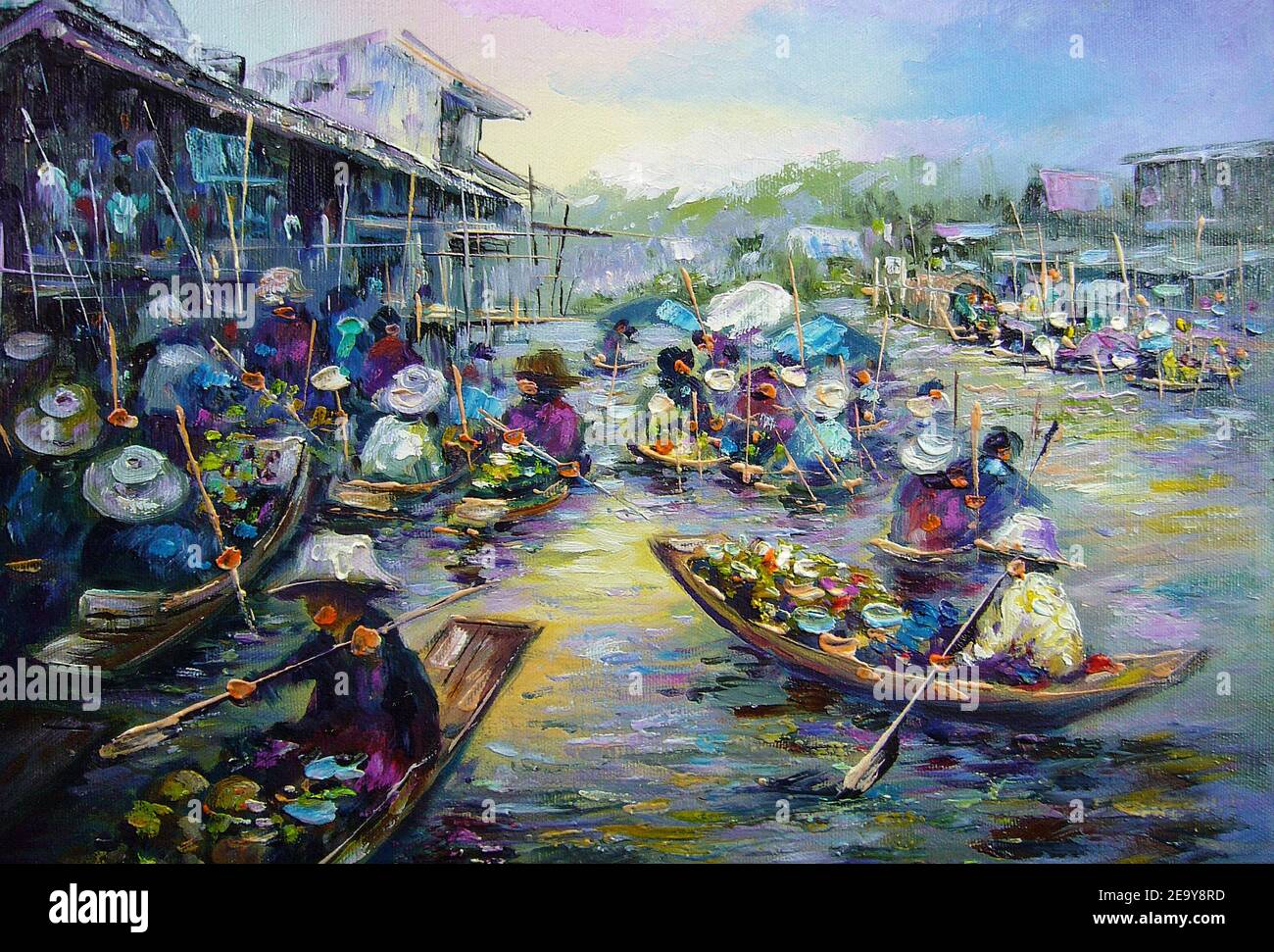 Art painting Oil color Floating market Thailand , rural life , rural ...