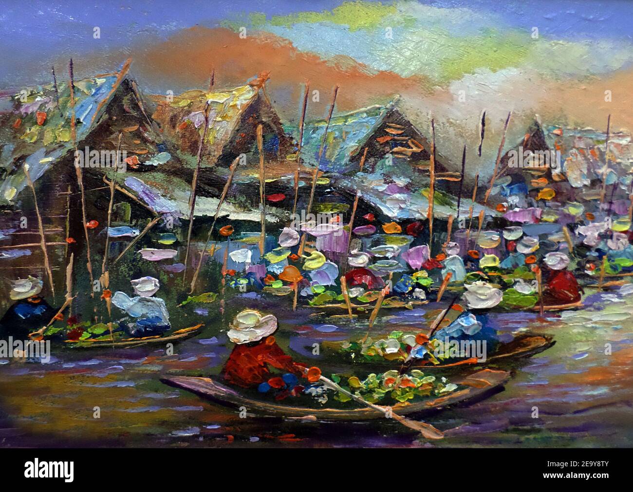 Art painting Oil color Floating market Thailand , rural life , rural ...
