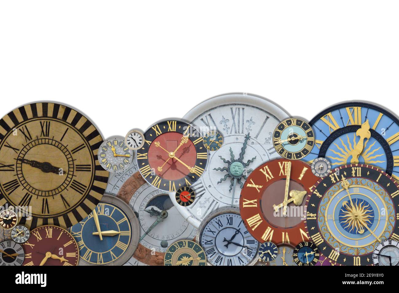 border of collection of multicolored ancient church tower clocks in ...