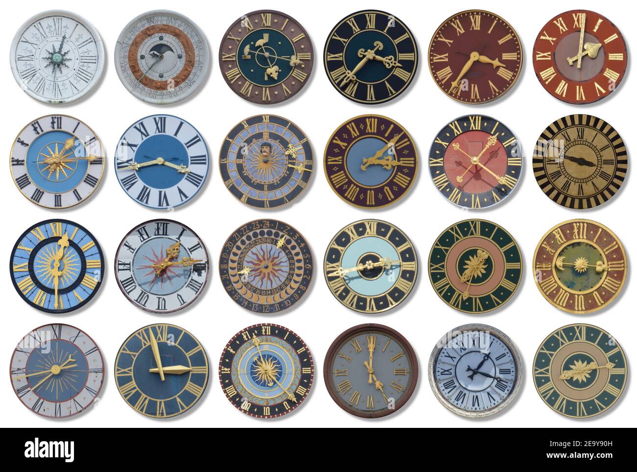 collection of multicolored ancient church tower clocks in different ...