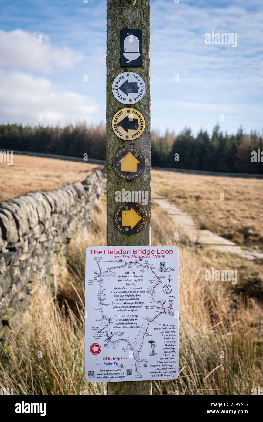Pennine Way signpost, pointing to Stoodley Pike, Calderdale. Yorkshire ...