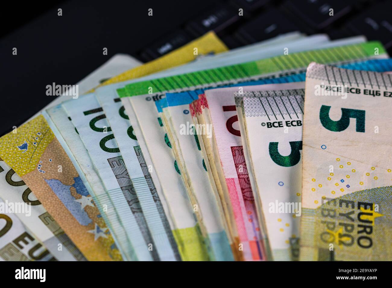 Selective focus on stack of EURO money. Euro banknotes isolated Stock ...