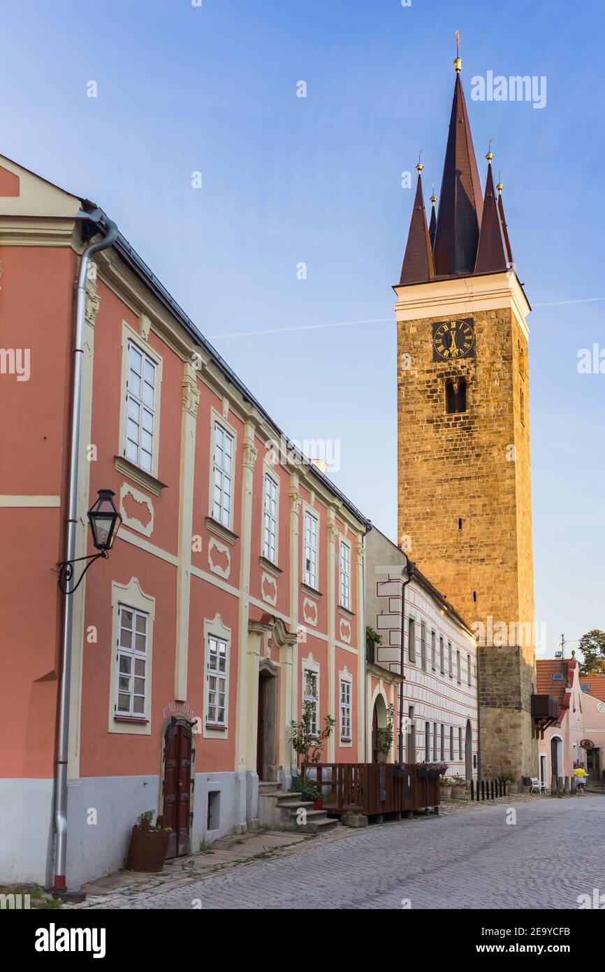 Tower of the Church of the Holy Spirit in Telc, Czech Republic Stock ...