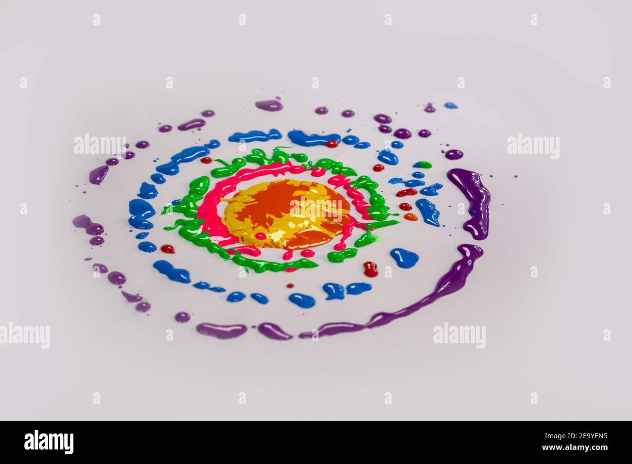 Colors drop onto a spinning white background. The color of the drops is ...